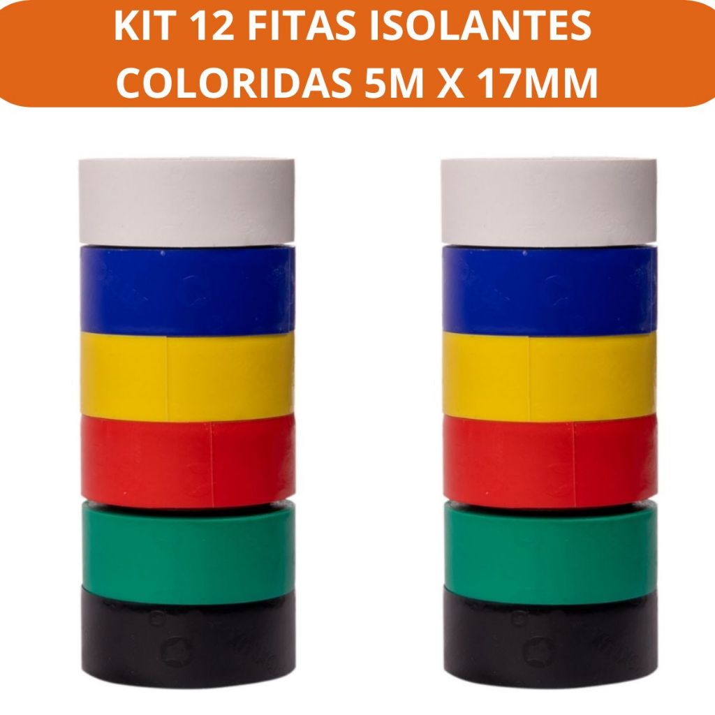 Kit 12 Fita Isolante Colorida Eletricista Elétrica Tamanho 2,7mx17mm ...