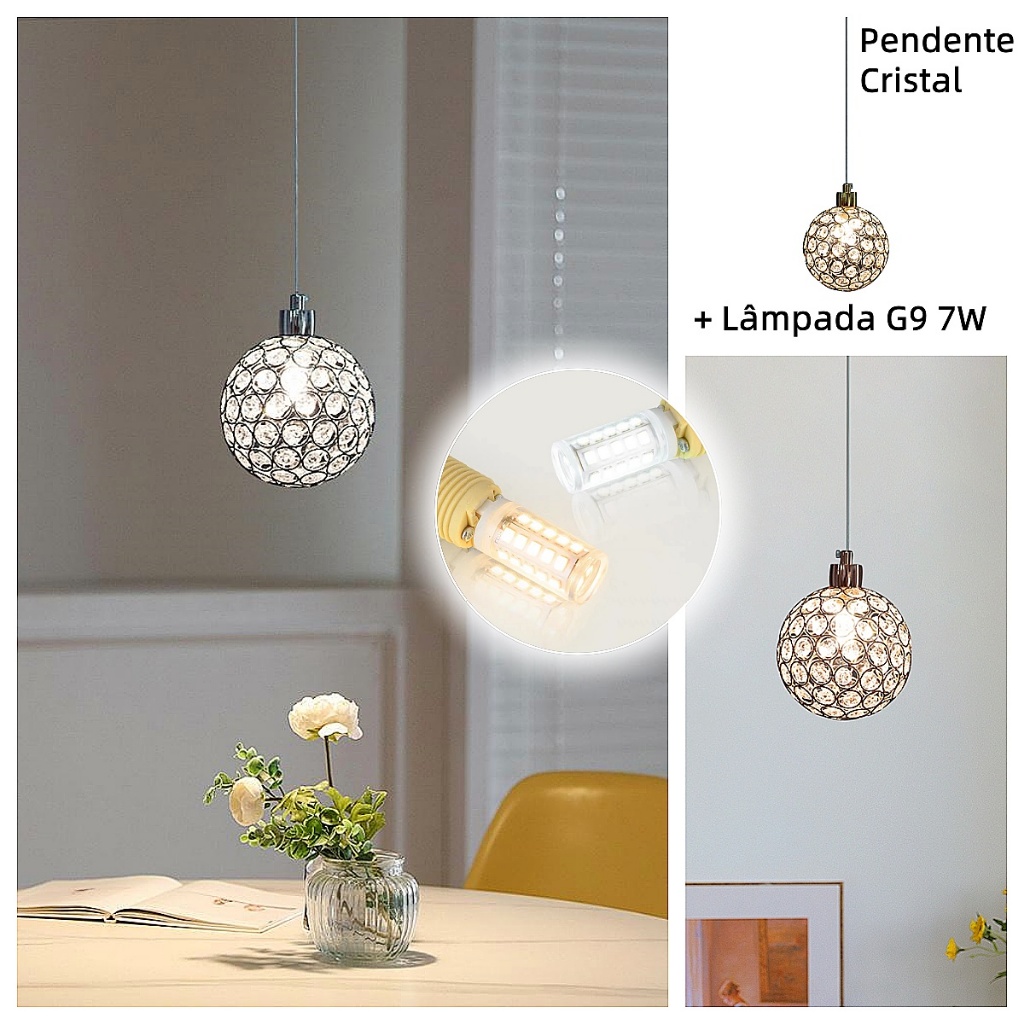Kit Pendente Cristal Globo Bolinha Esfera + Led G9 7W Dourado Rose ...