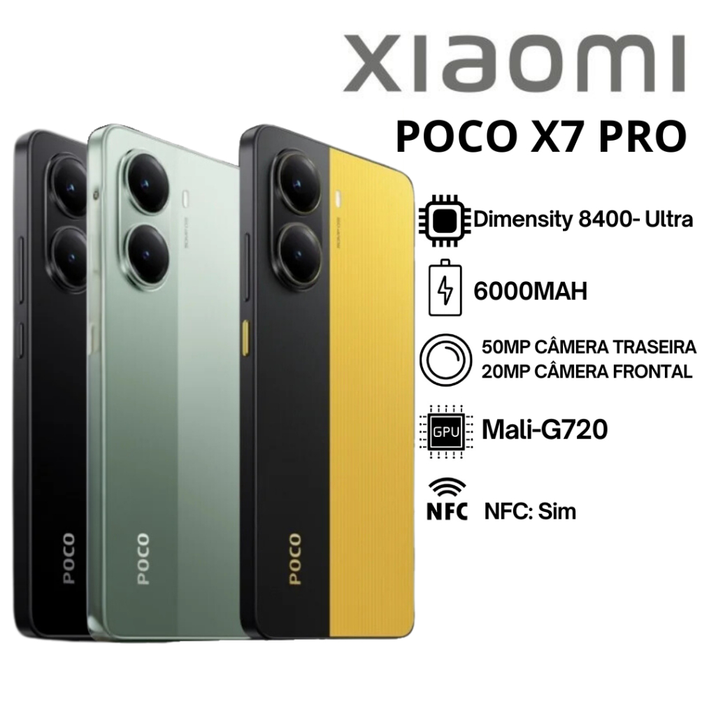 Xiaomi Poco X7 PRO 5G 256GB + 12GB RAM, Processador Dimensity 8400-Ultra, Câmera 50MP, Bateria ...