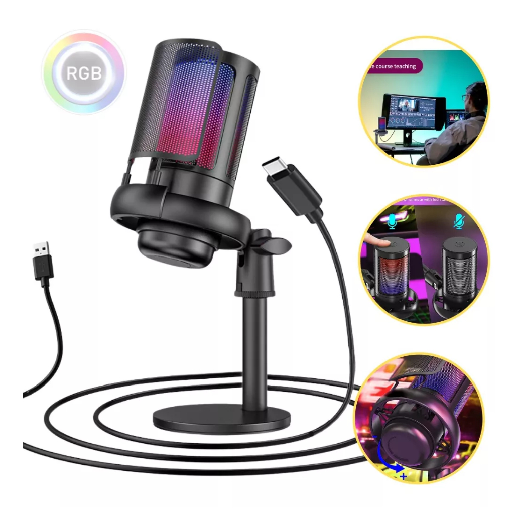 Microfone Rgb Gamer Live Usb Para PC Condensador Profissional Tomate MT-1060R Alta Sensibilidade ...