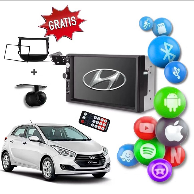 Kit multimidia Mp5 Hb20 2012 2013 2014 2015 2016 2017 2018 2019 Bluetooth Espelhamento + moldura ...