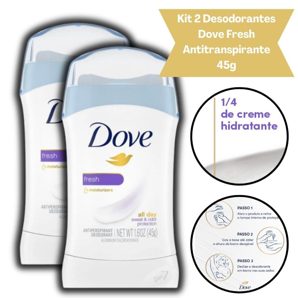KIT 2 Desodorantes Antitranspirante Dove Stick Fragrância Fresh 45g ...