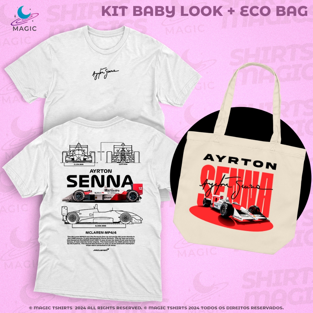 Kit Ecobag + Camisa Baby Look Magic Car F1 - FORMULA 1 MP4/4 1988 logo centro assinatura 100% ...