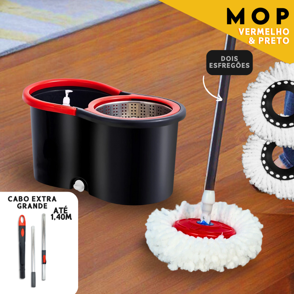 Mop C/ cabo de 140 cm + 2 Refis - Rodinhas e Cesto Em Inox - Balde ...