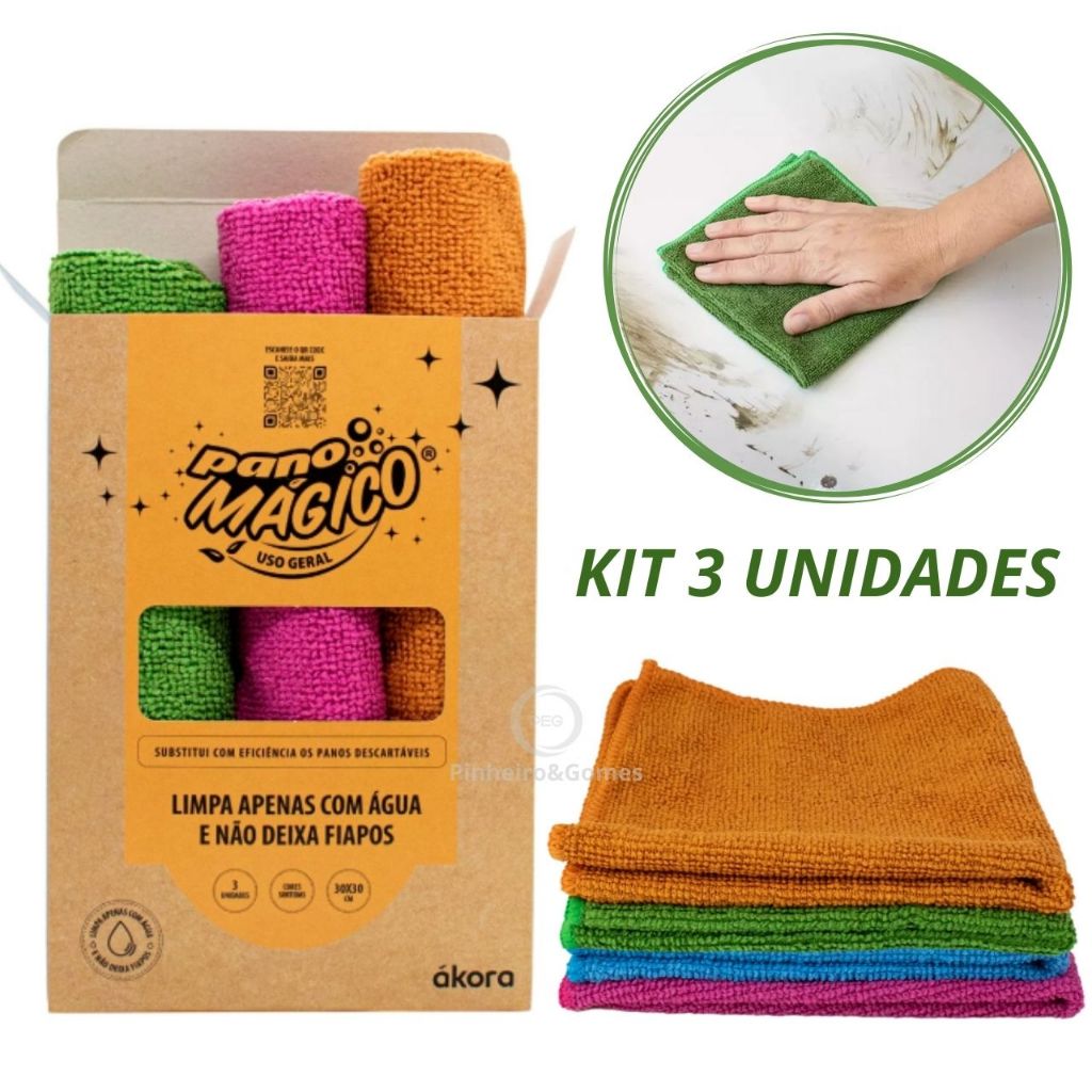 KIT 3 Pano Mágico Akora Microfibra de Limpeza Uso Geral Cores Sortidas ...