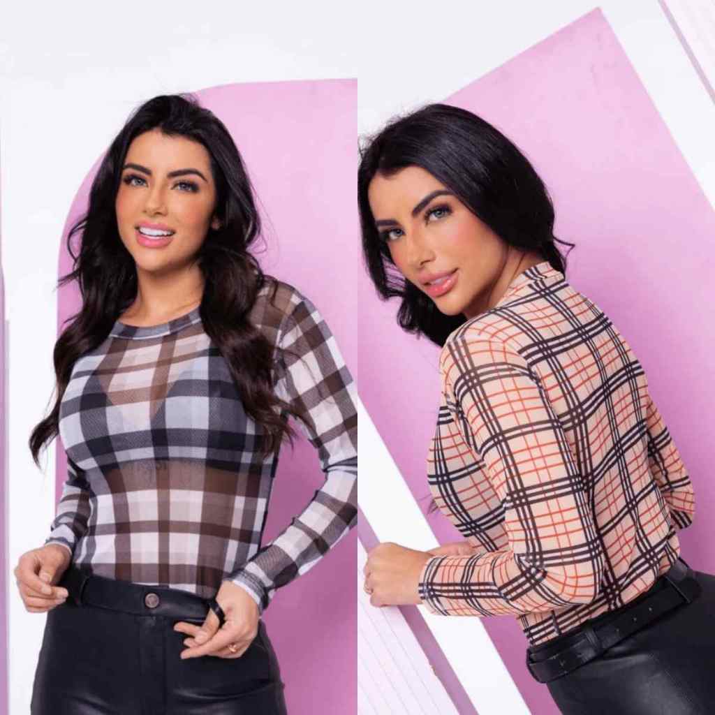 Body Bory Feminino Xadrez de Tule Transparente Confortável Gola Redonda ...