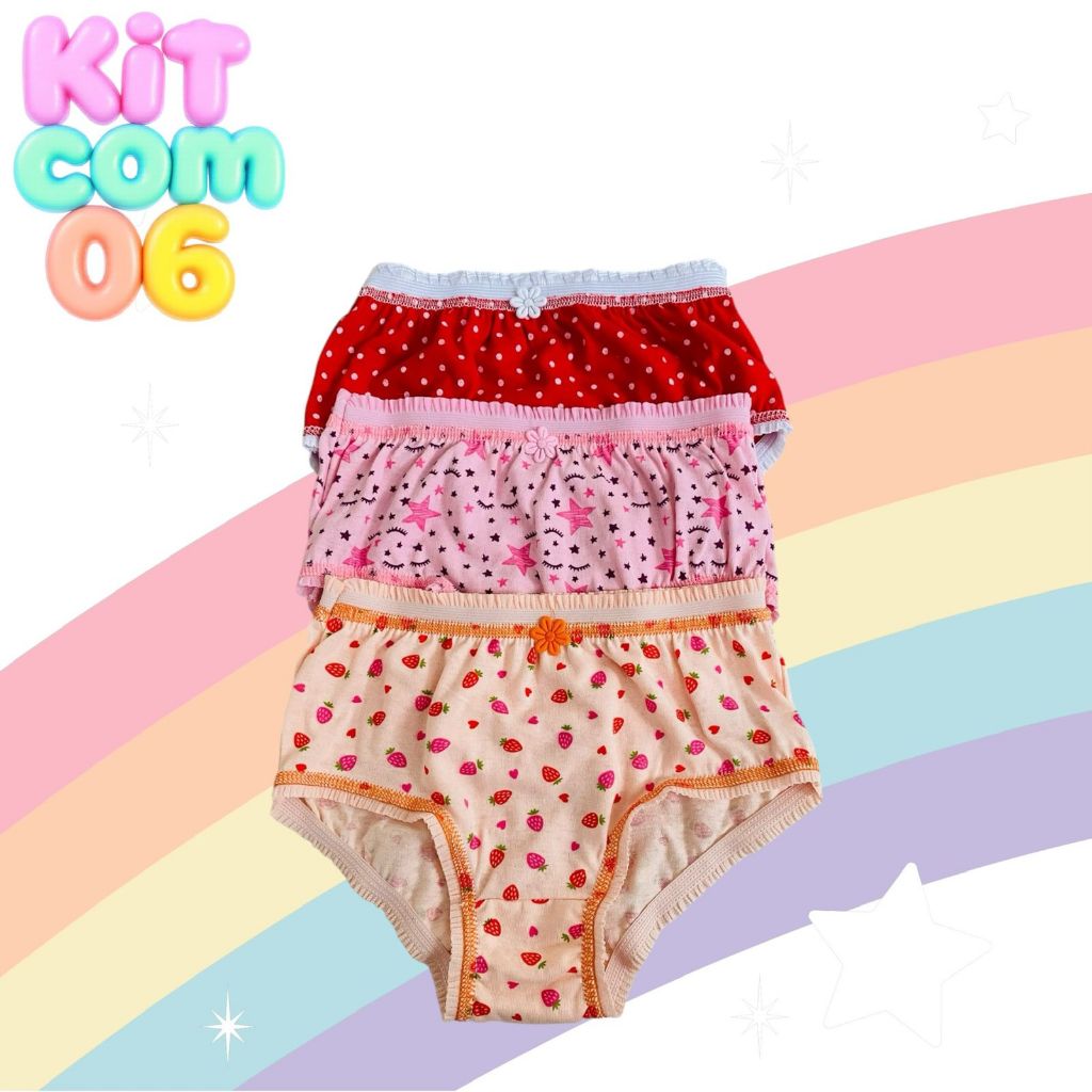 kit 06 unidades calcinha Kellynha infantil juvenil estampada - 100% ...