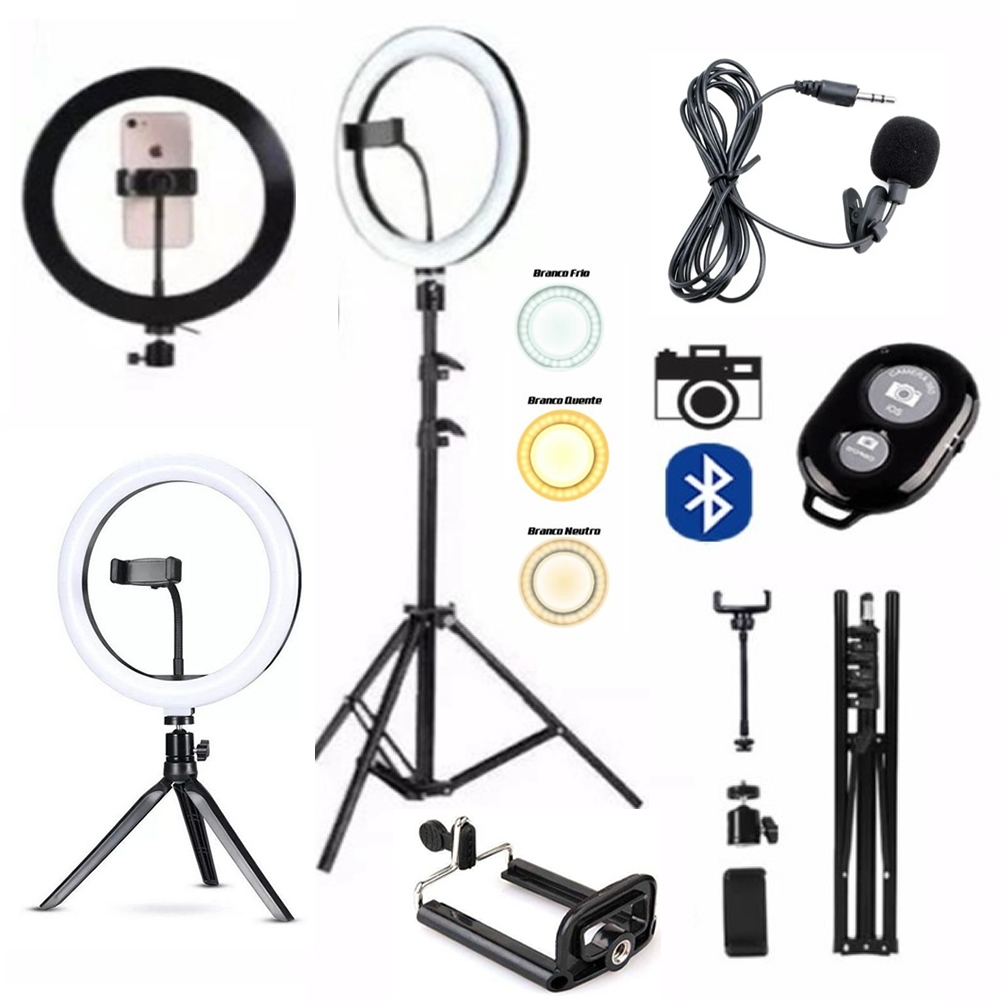 Mega Kit Para Youtubers Ring Light 10 Polegadas, Com Microfone Lapela, Controle Self E Tripé De ...