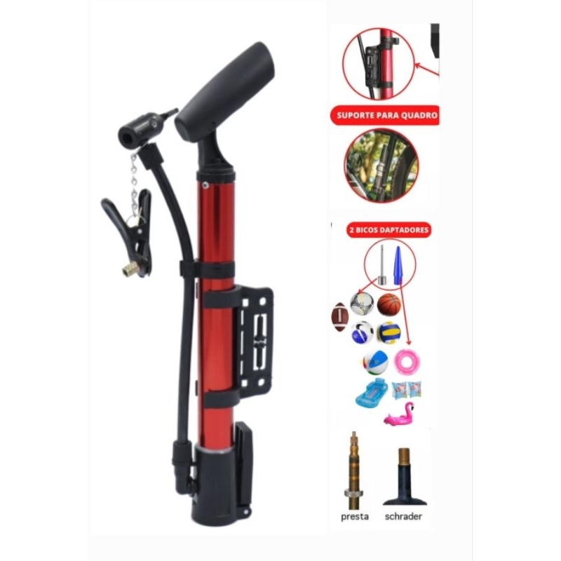 Bomba de encher pneu bike, bola, infláveis com suporte para quadro de bicicleta e 2 bicos ...