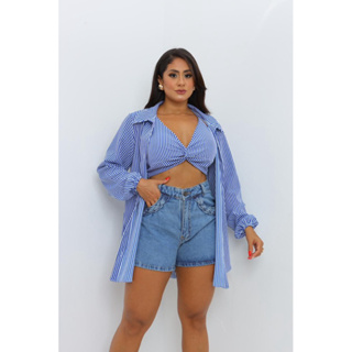 Conjunto Listrado croppet +Camisao Kimono Moda Blogueira Tendencia ...