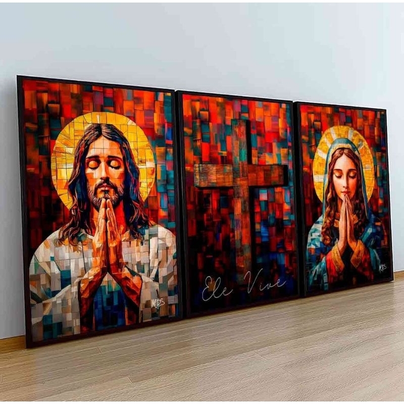Quadros decorativos com moldura s/vidro Jesus, Maria e cruz ele vive ...