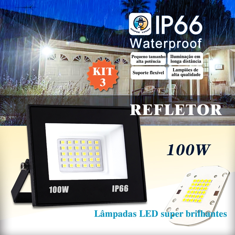 Kit 3 Refletor LED 100W Holofote Bivolt Prova Dágua IP66 Branco Frio 6500K IP66 Alumínio ...