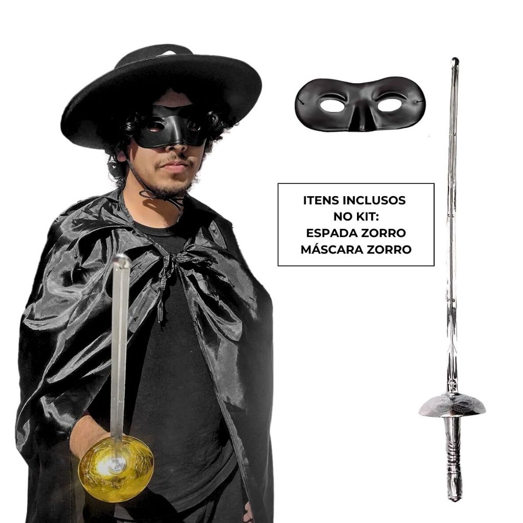 Kit Fantasia Zorro com Máscara e Espada Carnaval Festas Cosplays ...