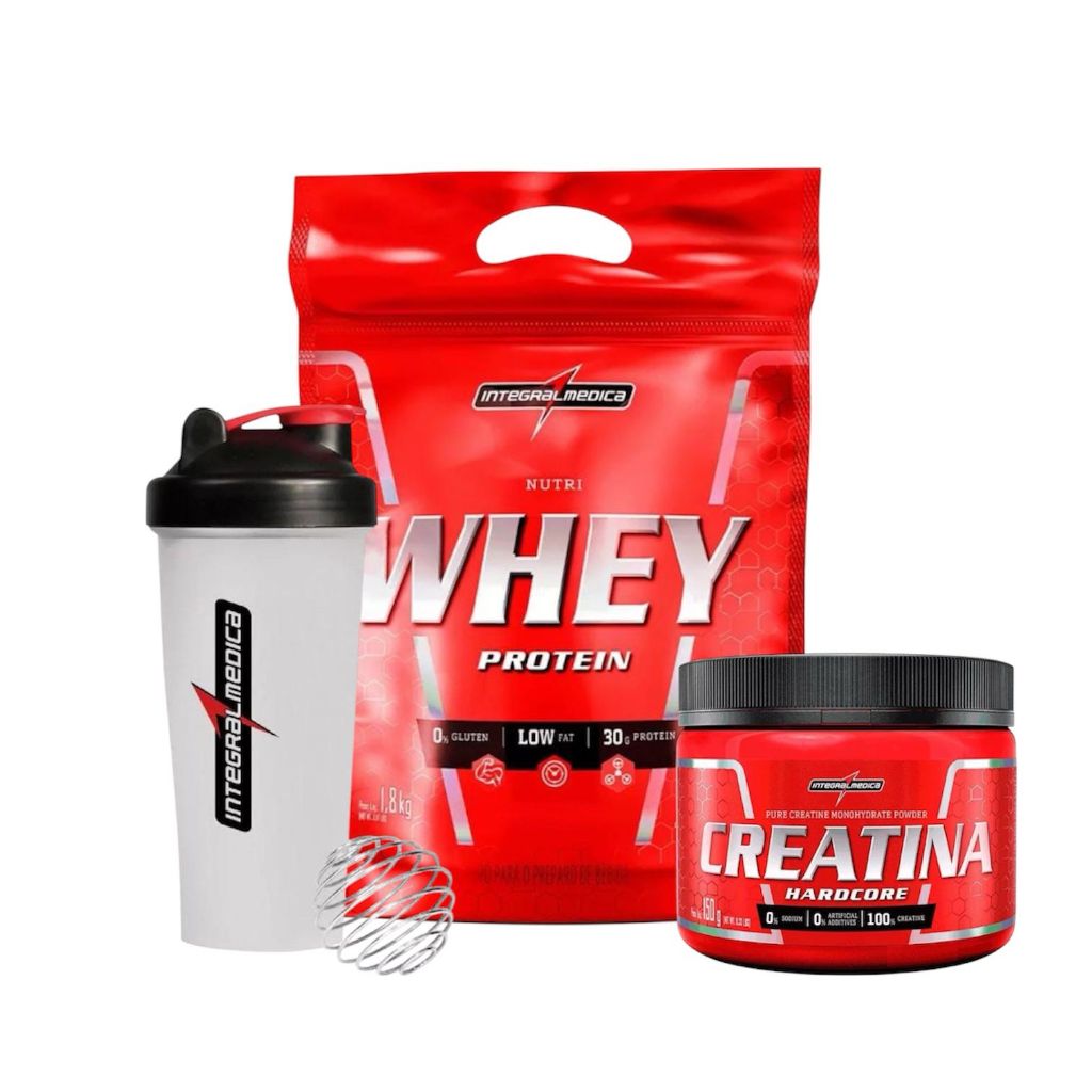 Kit - Nutri Whey 900g + Creatina 150g 100% Pura + Coqueteleira 600ml C/Blender de Inox ...