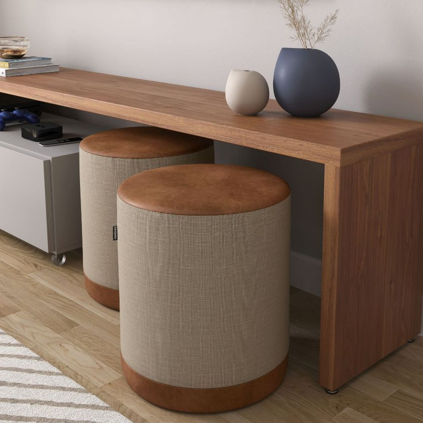 Puff Banquinho Alexa Linho Detalhes em Corino Quarto Sala Escritório ...