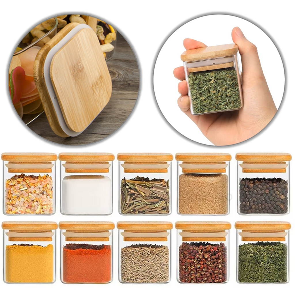 10 potes de vidro 150ml Temperos tampa bambu hermetico mantimentos ...