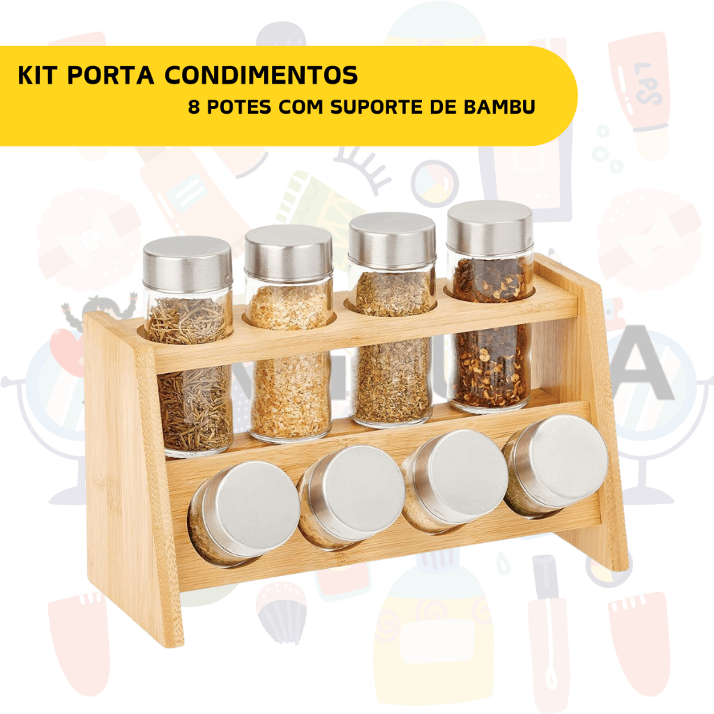Kit Porta Condimentos 8 Potes de Vidro com Suporte De Bambu para ...