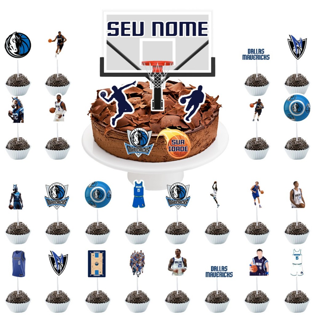 Kit Topo de Bolo + Toppers de Docinhos Jogo Basquete Dallas Maverick ...
