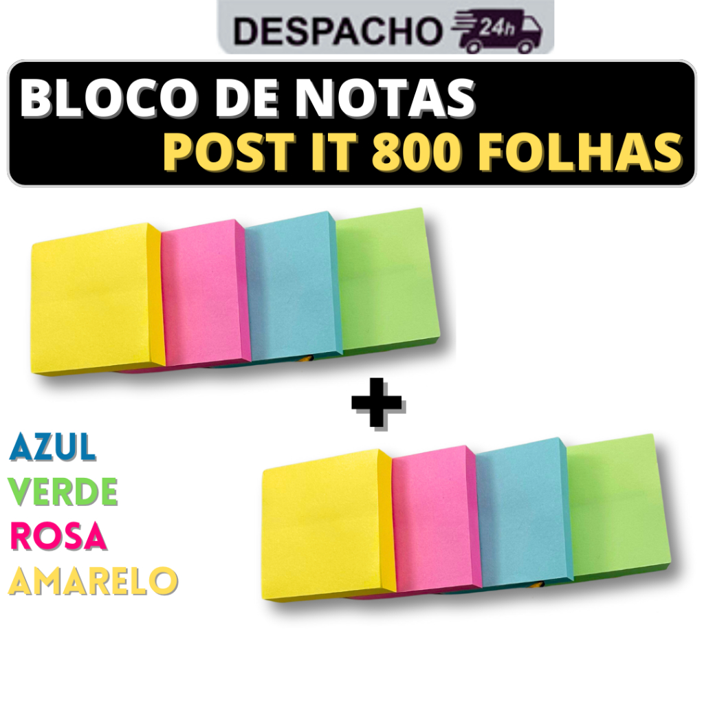 Kit Post it Até 800 Folhas Bloco de Notas Adesivo 50x50mm ou 76x76mm ...