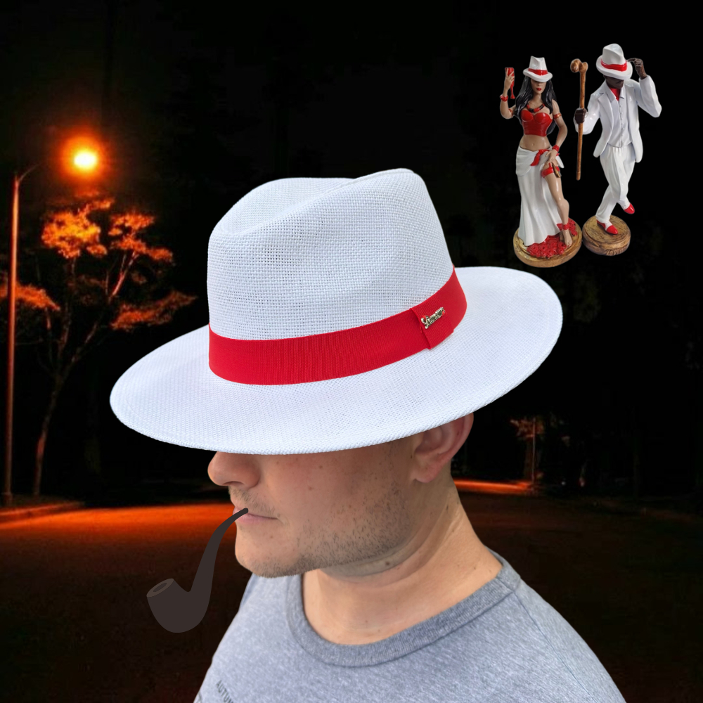 Chapéu Malandro Panamá Branco Fita Vermelha Zé Pilintra Umbanda Exu ...