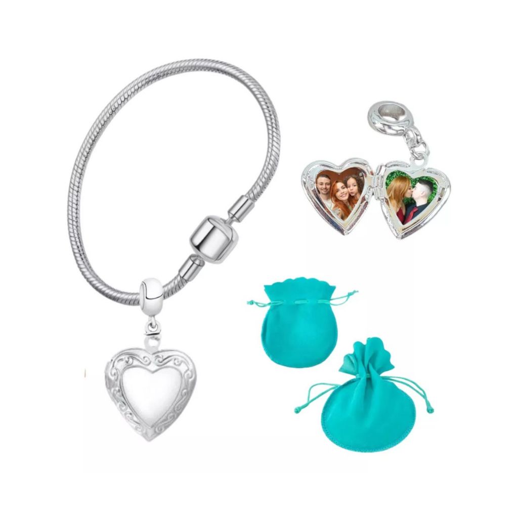 Pulseira pandora Prata + Berloque relicário + fotos + Folheado ...