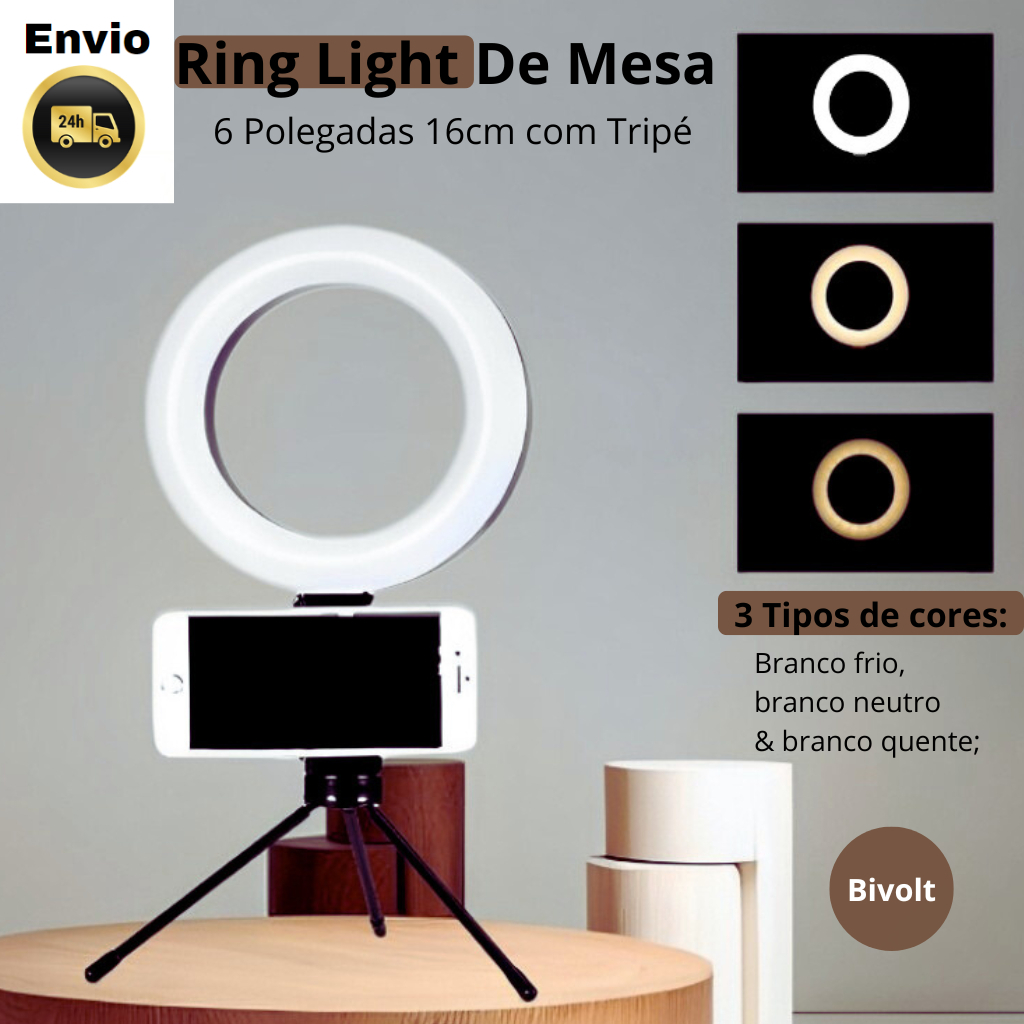 Ring Light De Mesa 6 Polegadas 16cm com Tripé - 3 Tons | Shopee Brasil