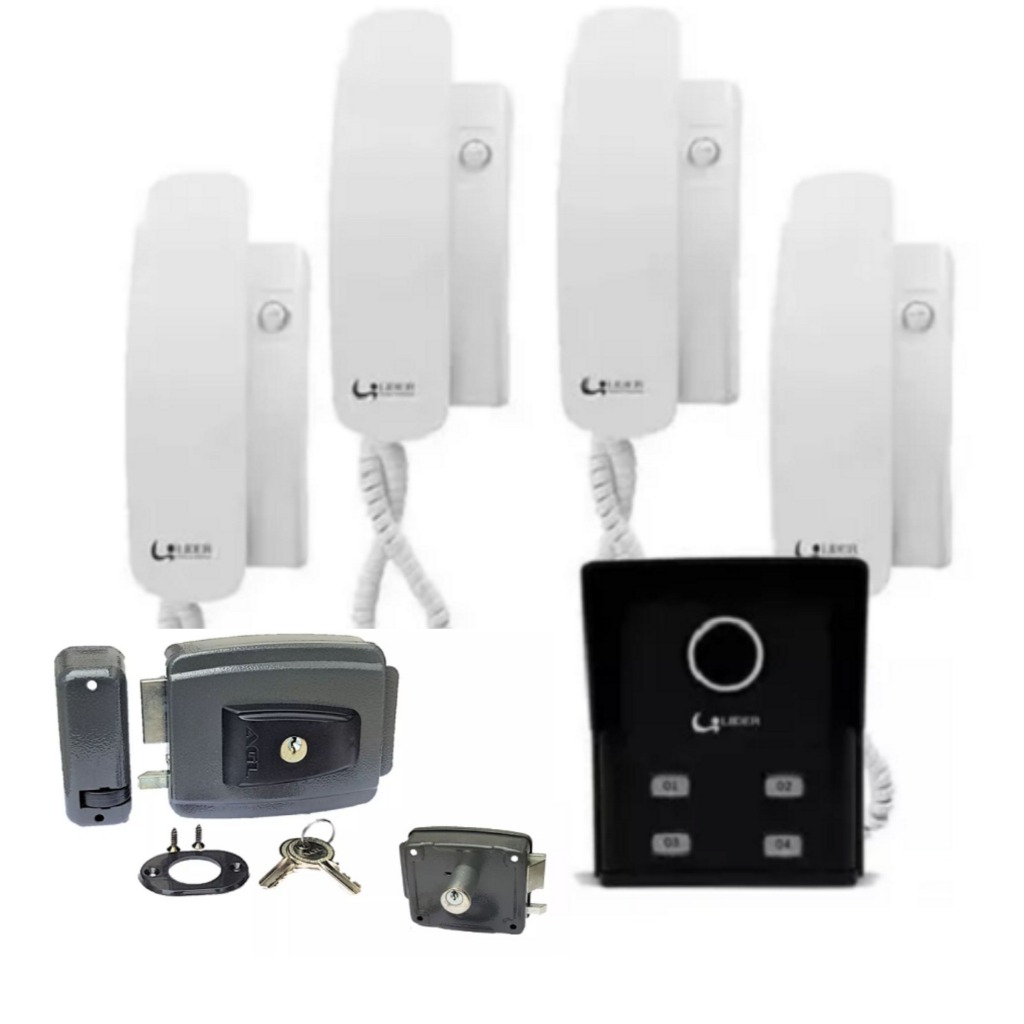 Kit Interfone 4 Apartamentos Porteiro + 4 Fones + Fechadura | Shopee Brasil