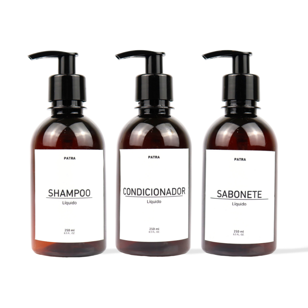 kit Banho Frasco Âmbar 3pçs Shampoo Condicionador e Sabonete líquido ...