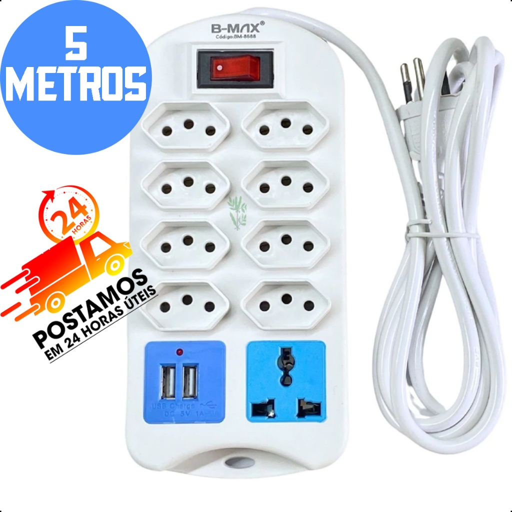 Extensão Régua Filtro de Linha 5 Metros 9 Tomadas 3 pinos 1 tomada Universal Elétrica E 2 Usb ...
