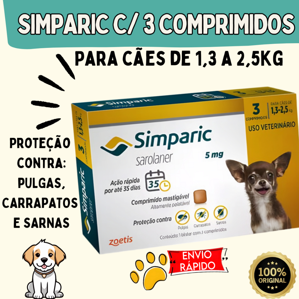 Simparic com 3 comprimidos 5mg para cães de 1,3 a 2,5kg, antipulgas e carrapatos. | Shopee Brasil