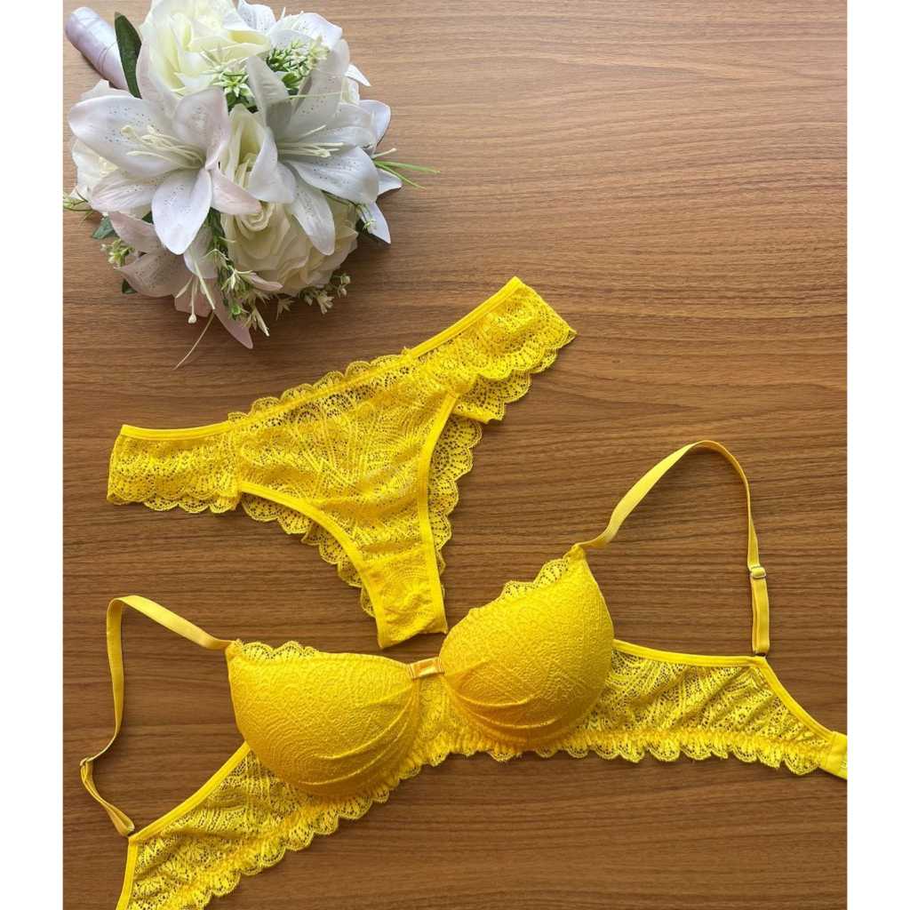 Íntima Conjunto Luxo em Renda Amarelo G. | Shopee Brasil