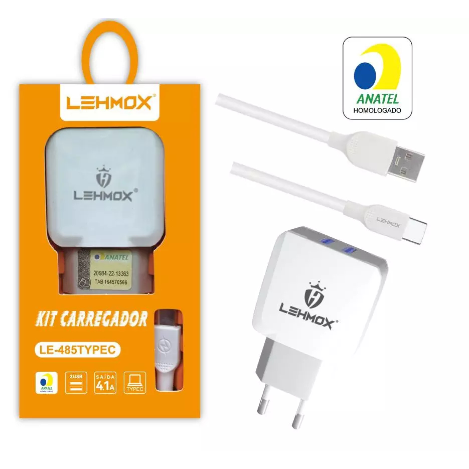 Carregador Lehmox LE-485 com 2 USB, Cabo Tipo C 1,2m e Potência de 4.1A ...