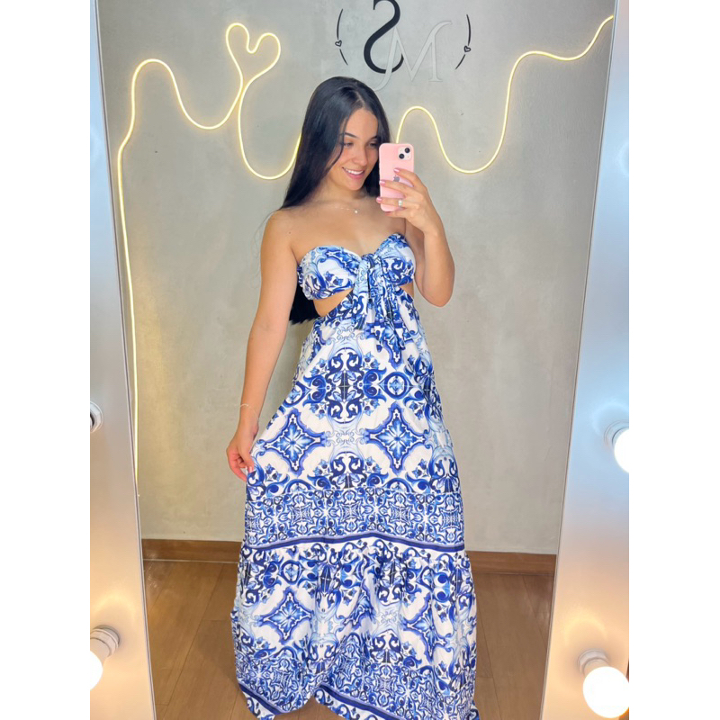 Vestido Paty - vestido longo estampa grecia azul branco e rosa tomara ...