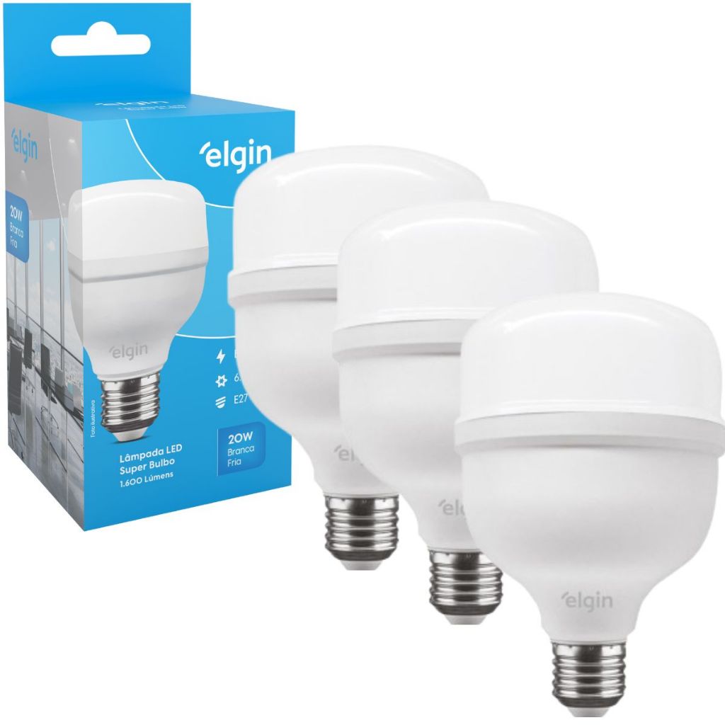 Kit 3 Lâmpada Super Bulbo Alta Potência Bivolt Led 20w 6500k Branco Frio (LUZ BRANCA) - Elgin ...