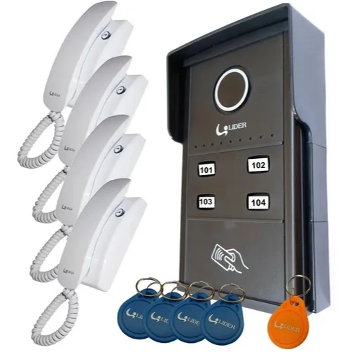 Interfone 4 Pontos Porteiro Eletrônico Coletivo Rfid 4 Monofones + 10 ...