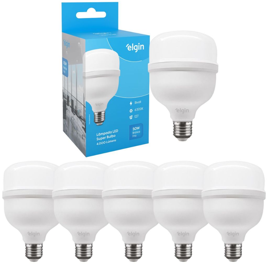 Kit 5 Lâmpada Super Bulbo Alta Potência Bivolt Led 50w 6500k Branco Frio (LUZ BRANCA) - Elgin ...