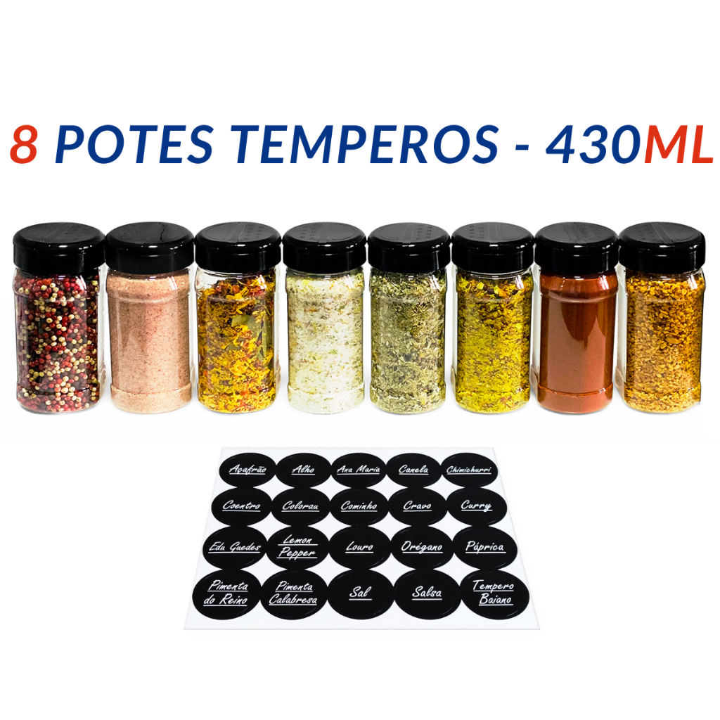 Kit de Potes para Temperos Condimentos Grande 430ml Tampa Dupla com ...