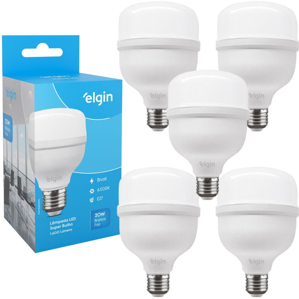 Kit 5 Lâmpada Super Bulbo Alta Potência Bivolt Led 20w 6500k Branco Frio (LUZ BRANCA) - Elgin ...