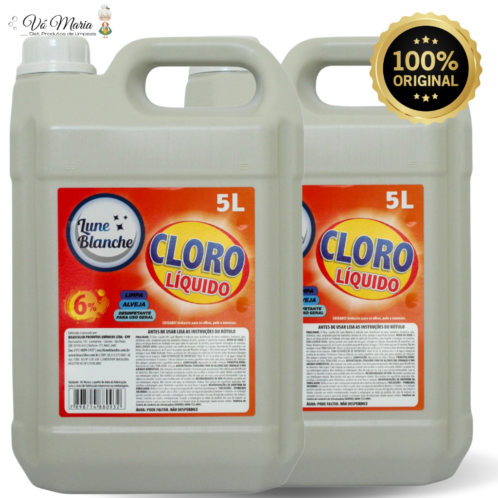 CLORO LIQUIDO 6% CLORO ATIVO 10L e 5L - TIRA LIMO, BACTERICIDA ...