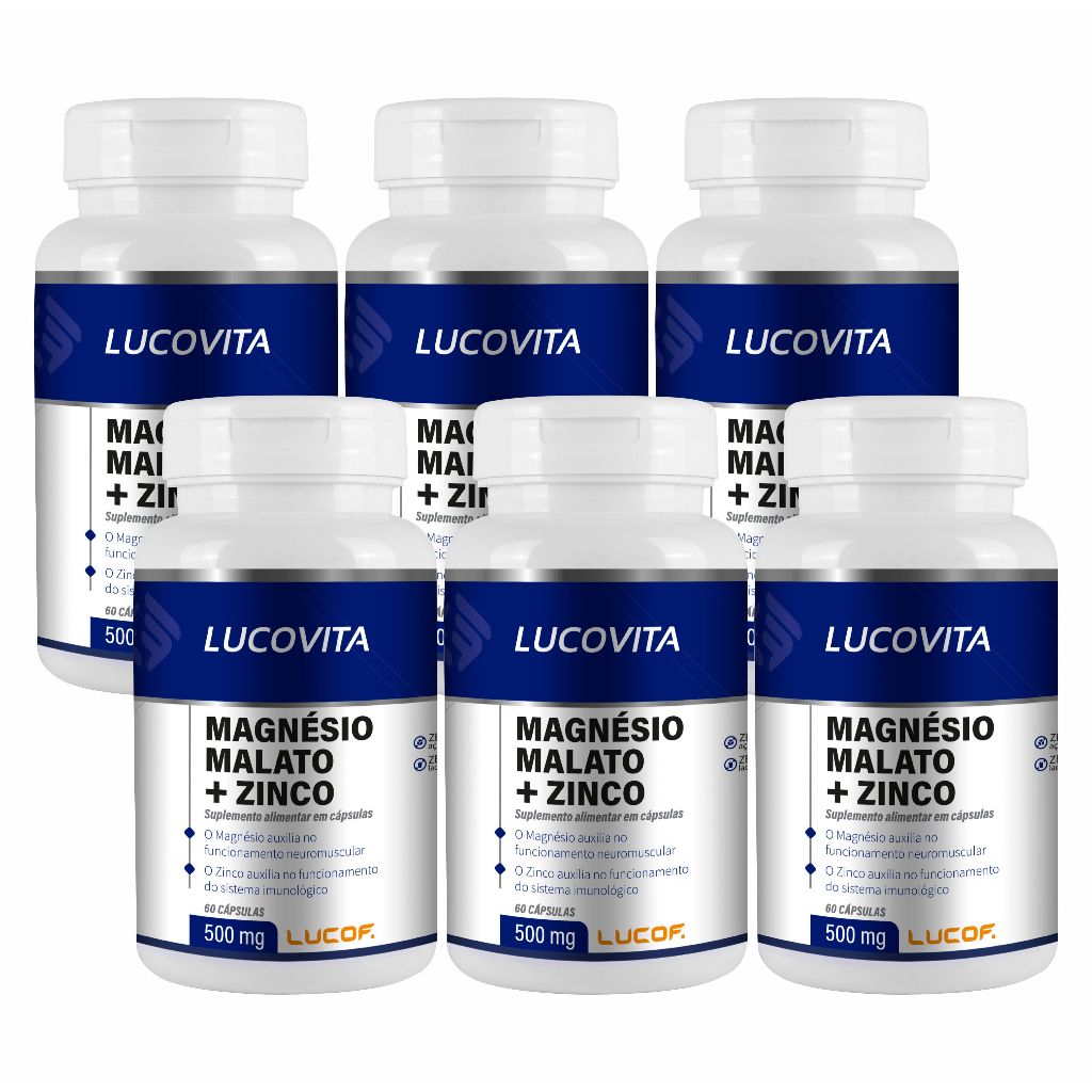 Kit c/ 6 Unid - Magnésio Malato + Zinco 60 Cápsulas 500 mg - Lucovita | Shopee Brasil