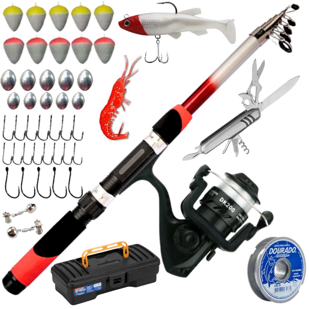 Kit de Pesca Molinete e Vara Telescopica Fibra de Vidro caixa de pesca anzol boia iscas completo ...