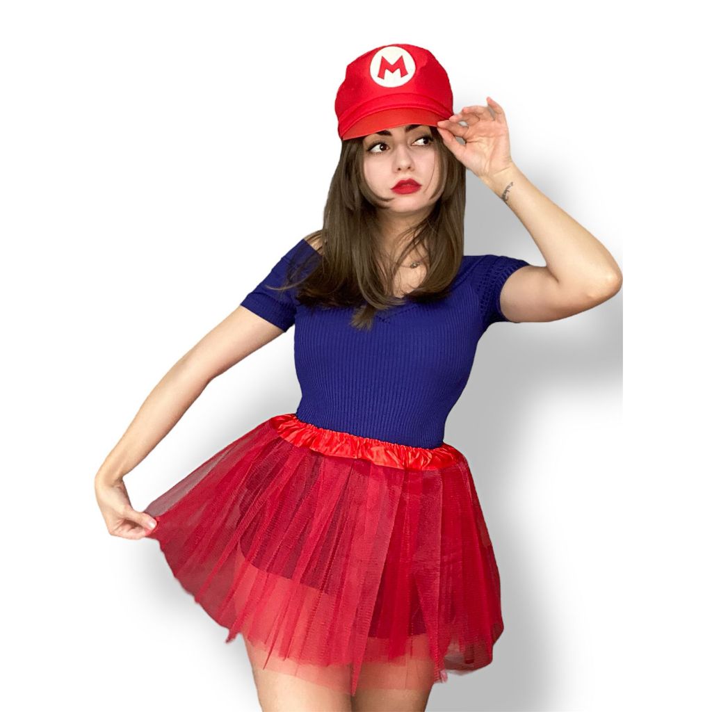 KIT SUPER MARIO BROS 2 ITENS / Quepe Mario + Saia Vermelha de tule ...