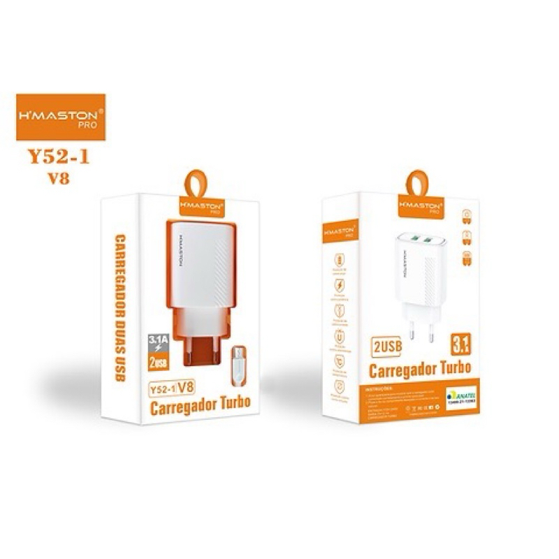 H'maston Y52-1 Carregador Turbo 2 Usb 4.8a Com Cabo Usb V8 1 Metro | Shopee Brasil