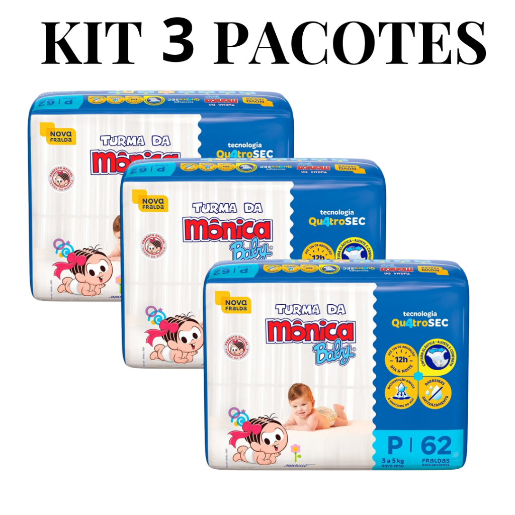 Kit 3 Pacotes de Fralda Turma da Mônica Baby Mega P com 62 Unidades ...