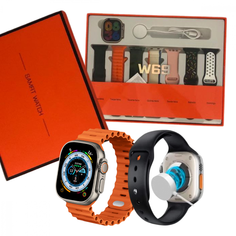 Relógio Inteligente Smartwatch 49mm com 7 Pulseiras NFC Color W69 ...