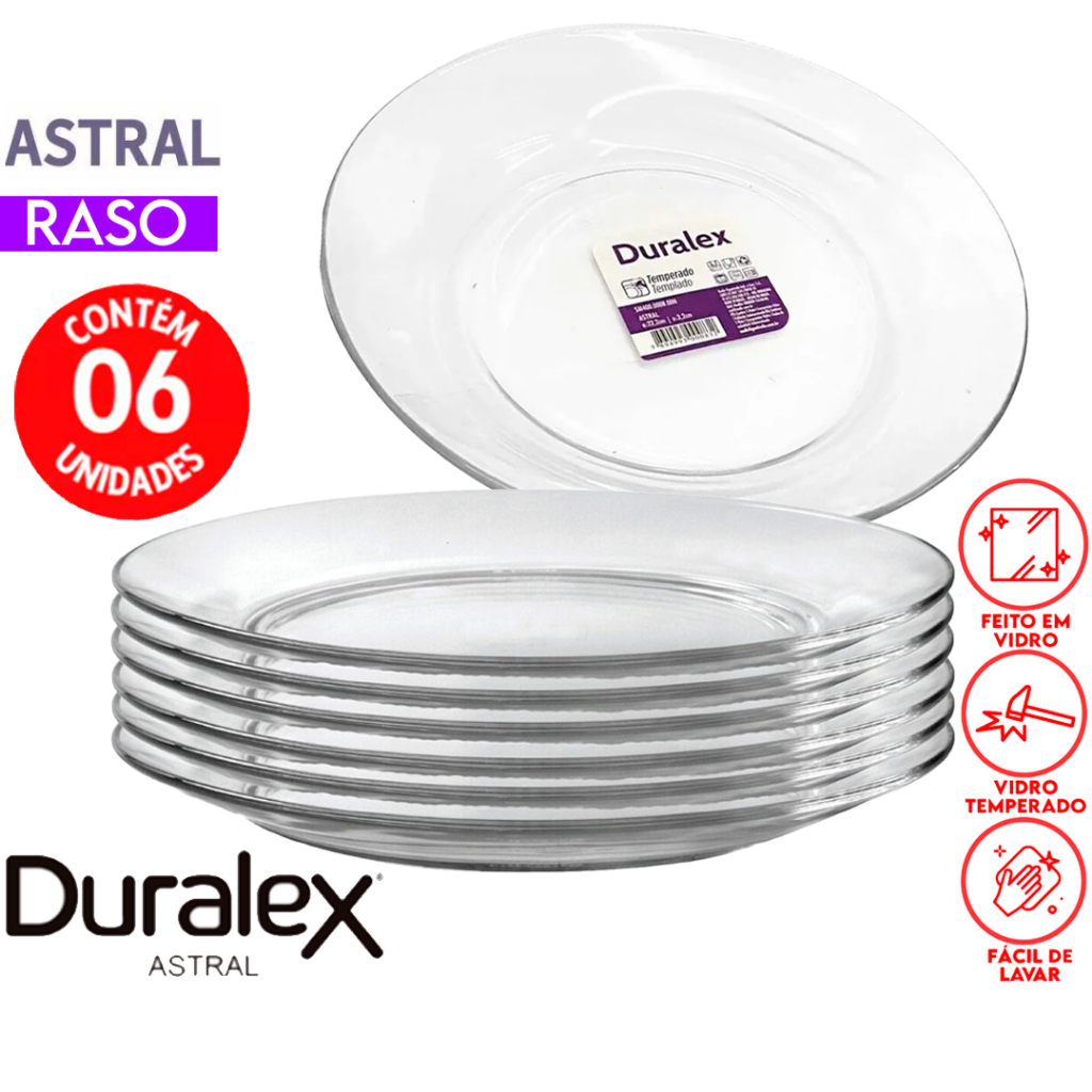 Kit Conjunto de 6 Pratos Raso Astral Duralex Vidro Transparente Circular 22cm Nadir Figueiredo ...