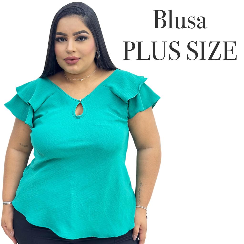 blusas plus size manga curta de duna com babado e botões M G GG G1 G2 G3 feminina | Shopee Brasil