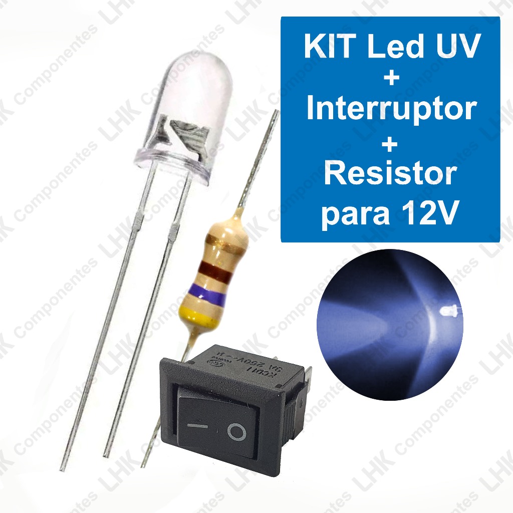 Kit LED 5mm UV Ultravioleta com Resistor para 12V e Botão Interruptor ...