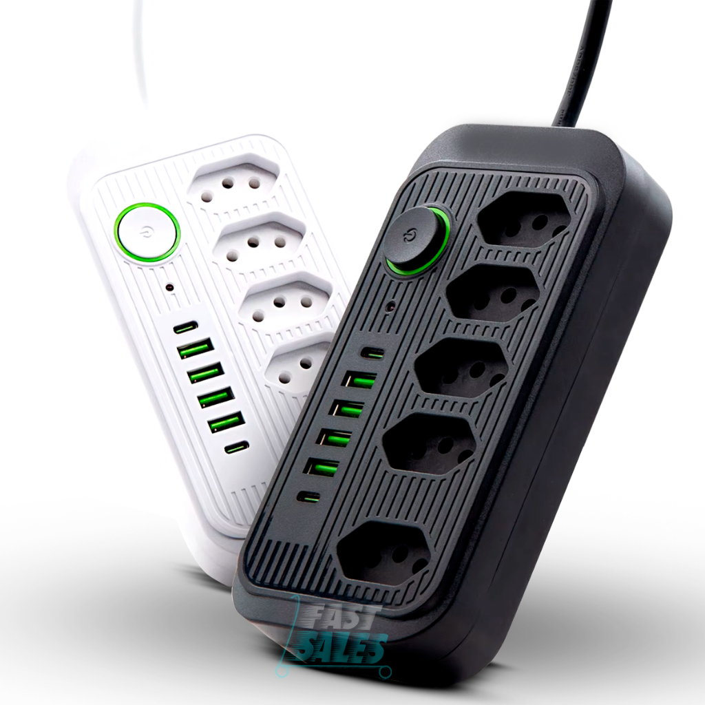 Filtro de Linha com 5 Tomadas 4 Portas USB 2 USB Tipo-C Cabo de 3m Extensão Suporte Parede 110 ...