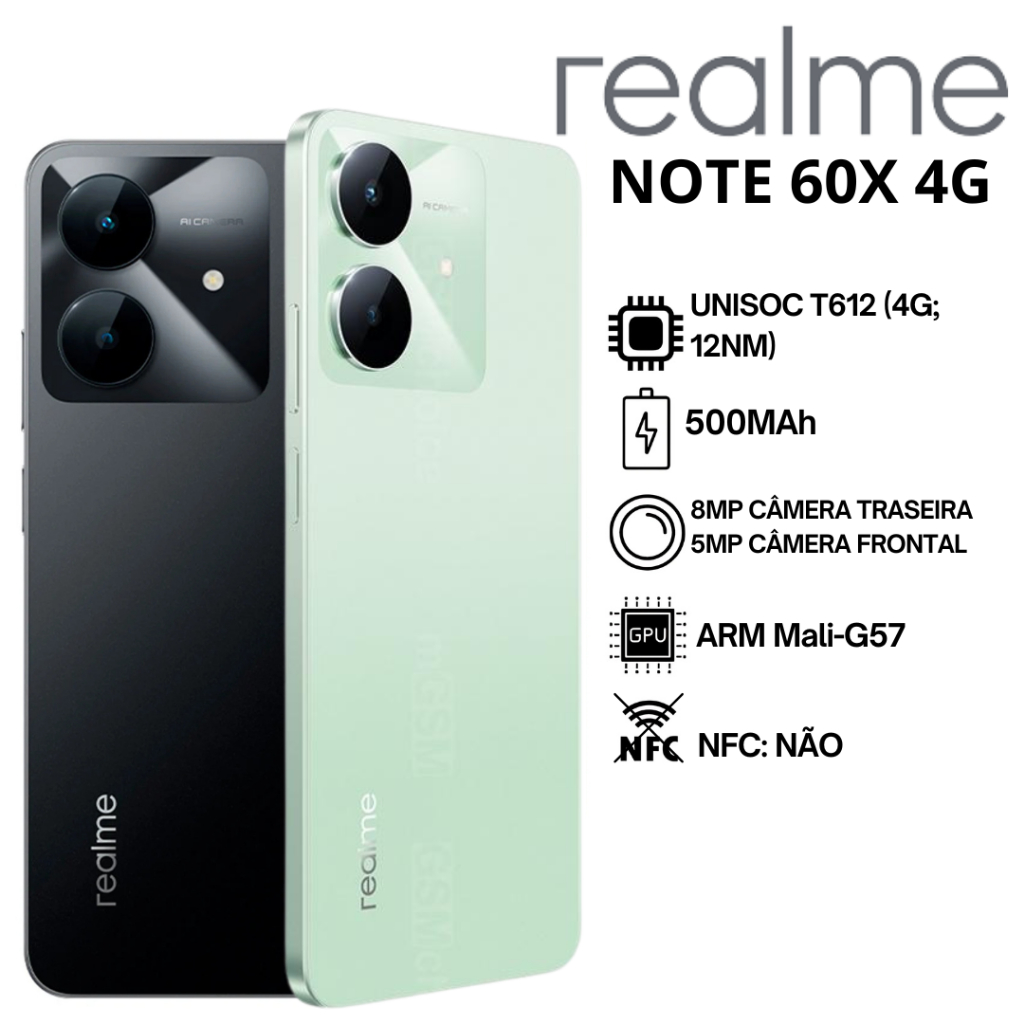Realme Note 60X 4G, Memória 64GB/3GB RAM, Processador Octacore Unisoc ...